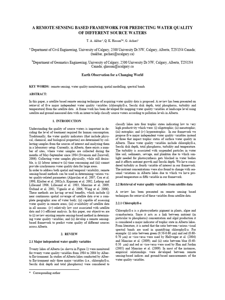 A Remote Sensing Based Framework For Predicting Water Quality | Download Free PDF | Water ...