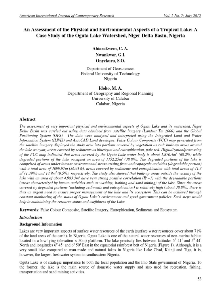 An Assessment of The Physical and Environmental Aspects of A Tropical ...
