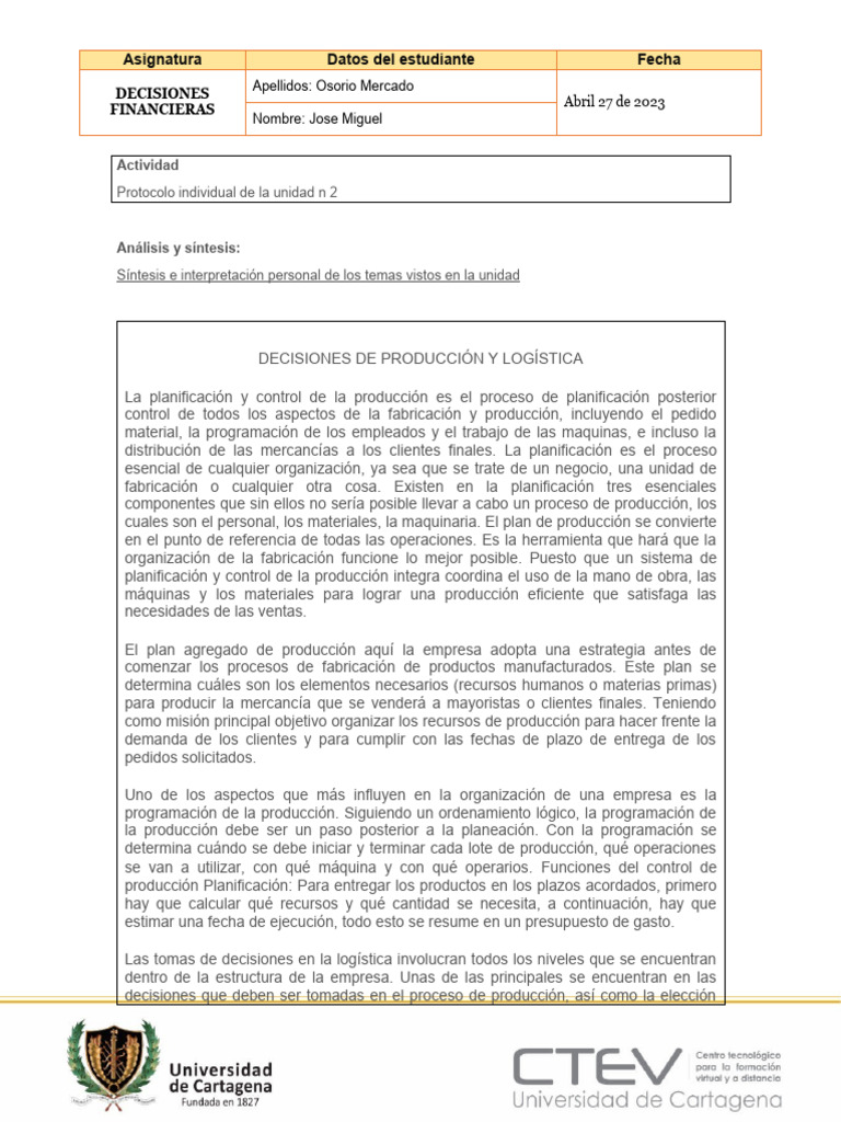 Protocolo Individual 2 Decisiones Financieras Jose Osorio | PDF | Planificación | Business
