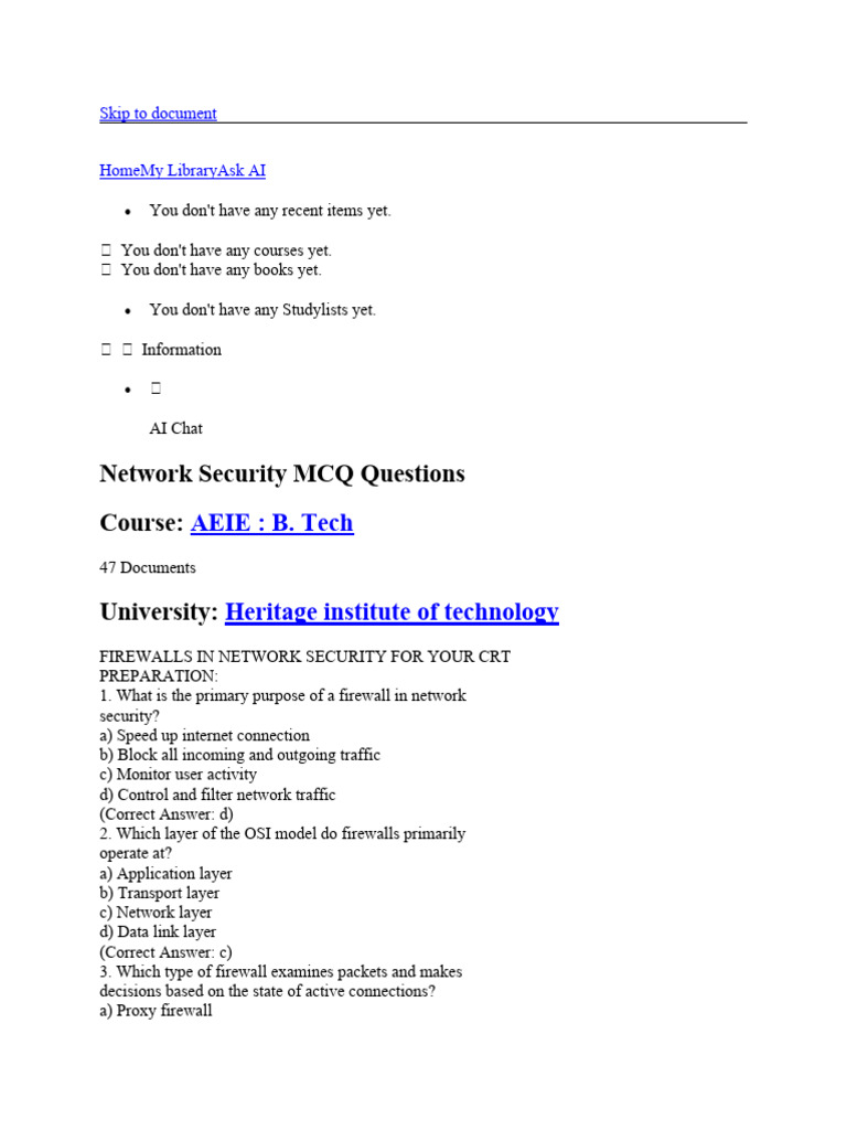 Network Security MCQ Questions Course:: AEIE: B. Tech | PDF | Firewall (Computing) | Osi Model