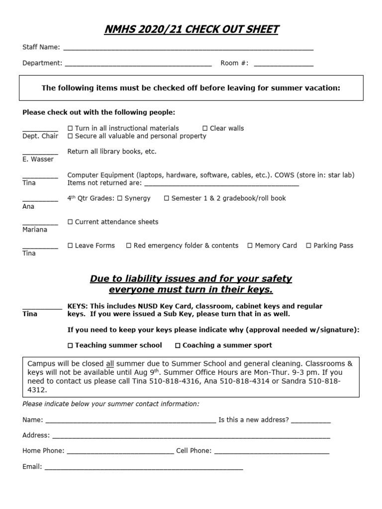 20 - 21 Staff Check Out Sheet | PDF