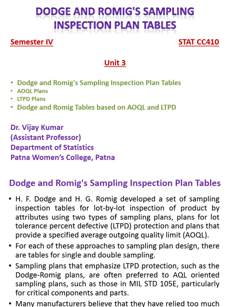 Dodge and Romig's Sampling Inspection Plan Tables | Download Free PDF ...