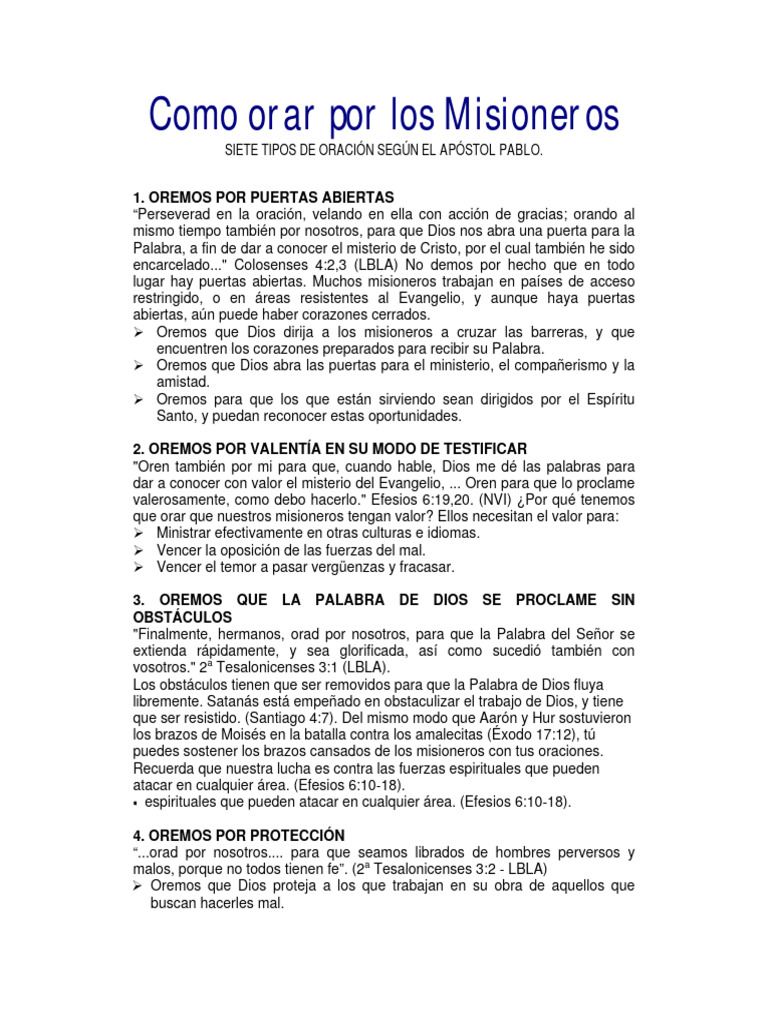 Como Orar Por Los Misioneros | Descargar gratis PDF | Oración | Cristo (título)