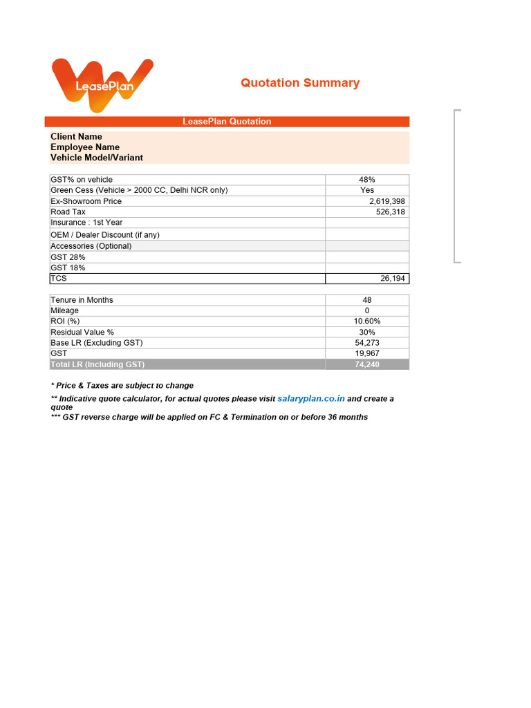 LeasePlan Vehicle Quotation Summary | PDF | Value Added Tax | Taxes