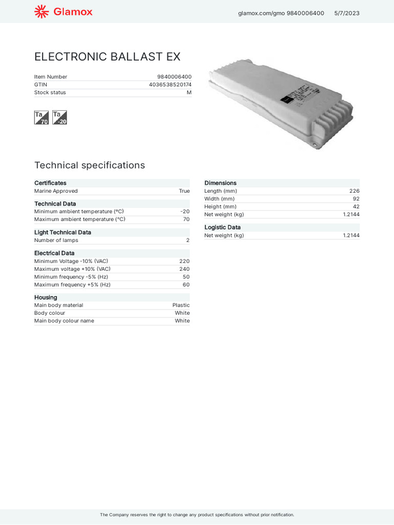 Electronic Ballast EX Technical Specs | PDF