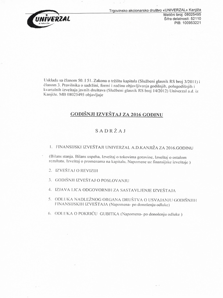 Godisnji: Izvestaj Za 2016 Godinu | PDF