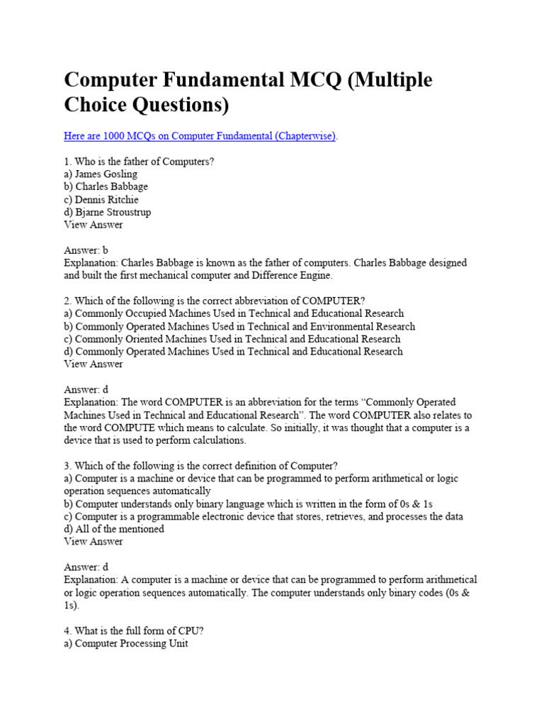 Computer Fundamental MCQ (Multiple Choice Questions) | PDF | Bit ...