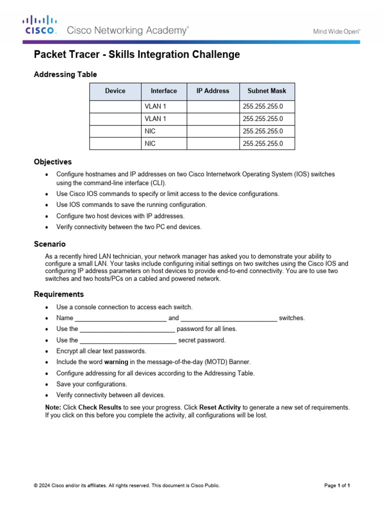 2.4.1.2 Packet Tracer - Skills Integration Challenge | PDF