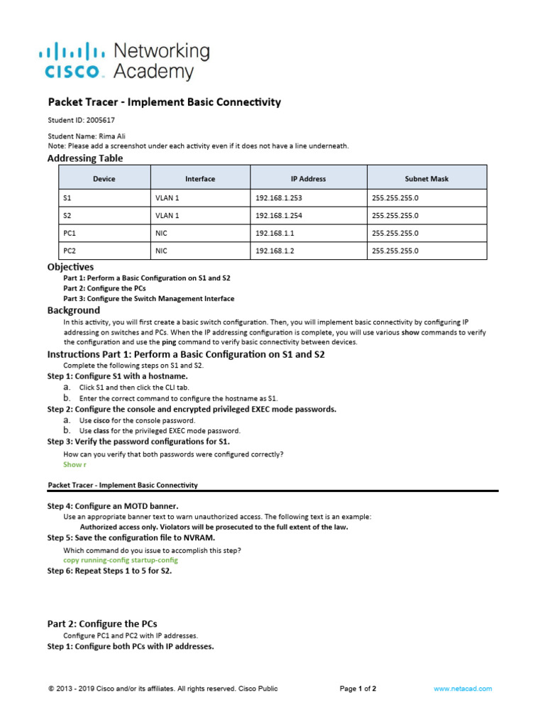 2.7.6 Packet Tracer Implement Basic Connectivity | PDF | Ip Address | Internet Protocols