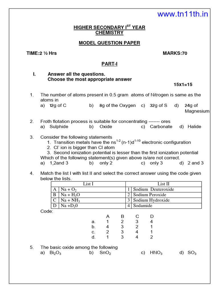 Chemistry English Medium 11th Model Question Paper WWW tn11th in | PDF ...
