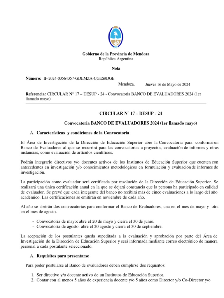 CIRCULAR #17 - DESUP - 24 - Convocatoria BANCO DE EVALUADORES 2024 ...