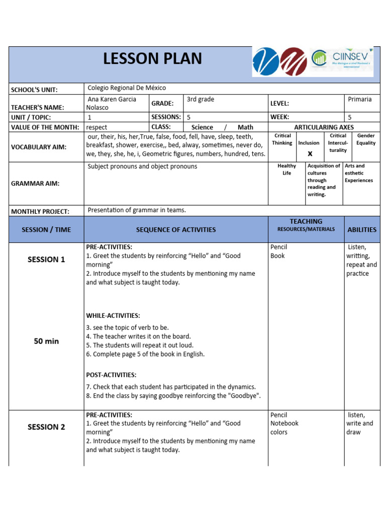 Lesson Planning New Format 3rd Grade Teacher Ana Karen Garcia Pdf