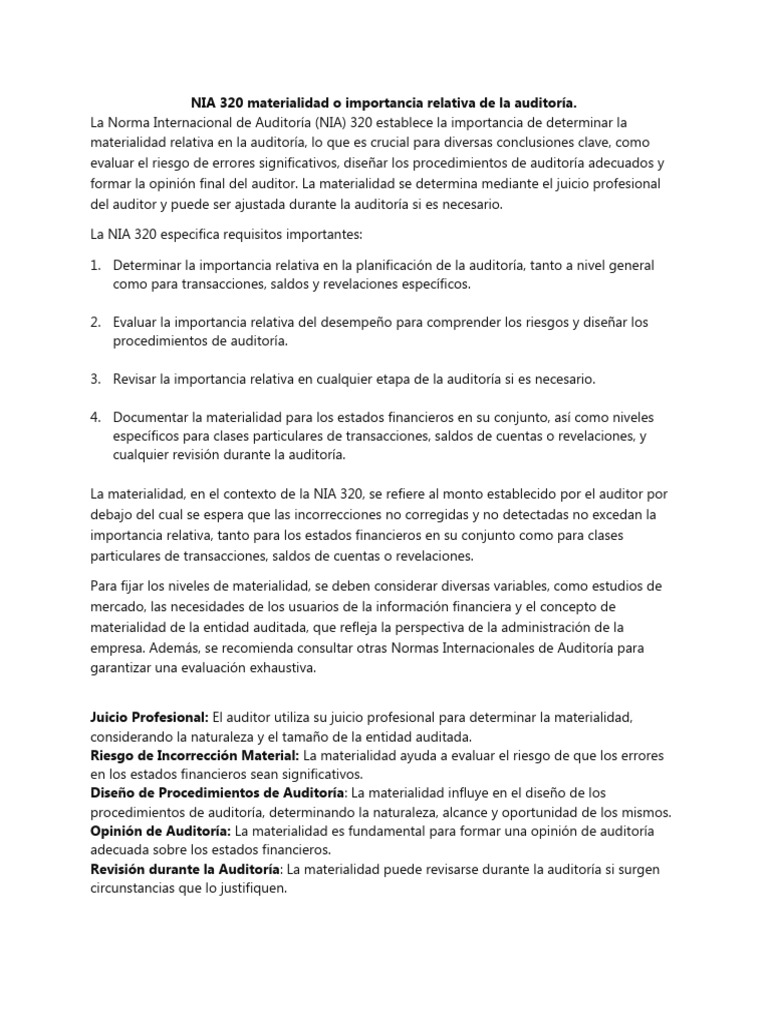 NIA 320 Materialidad o Importancia Relativa de La Auditoría | PDF ...