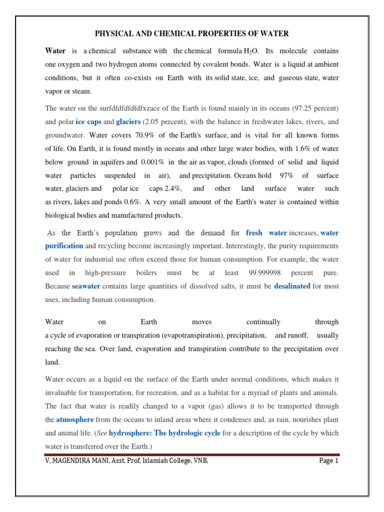 Physical and Chemical Properties of Wate | PDF | Water | Properties Of ...