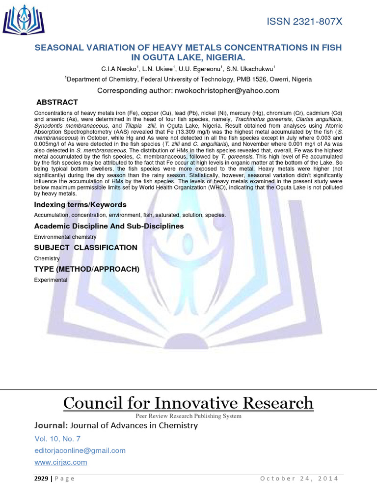 Seasonal Variation of Heavy Metals Conce | PDF | Pollution ...