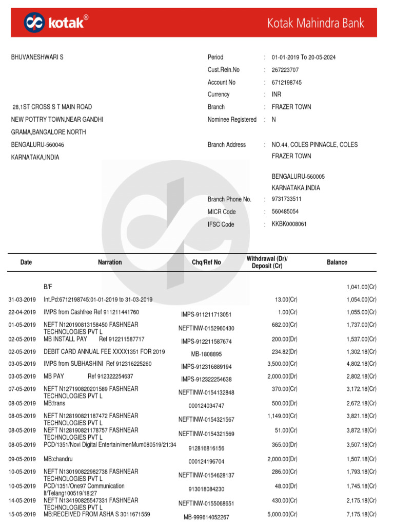Date Narration Chq/Ref No Withdrawal (DR) / Deposit (CR) Balance | PDF ...