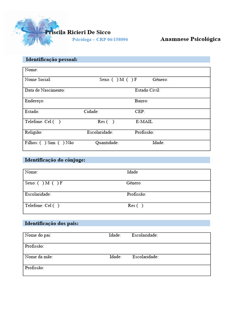 Ficha de Anamnese | PDF | Psicoterapia | Psicologia