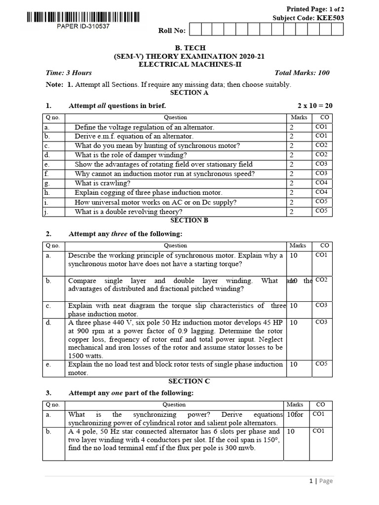 Time: 3 Hours Total Marks: 100: Q No. Marks CO CO1 CO1 CO2 CO2 CO3 CO3 CO4 CO4 CO5 CO5 | PDF ...