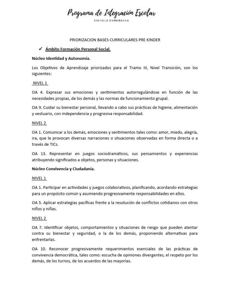 Objetivos de Aprendizaje Pre Kinder | PDF | Comunicación | Educación de ...
