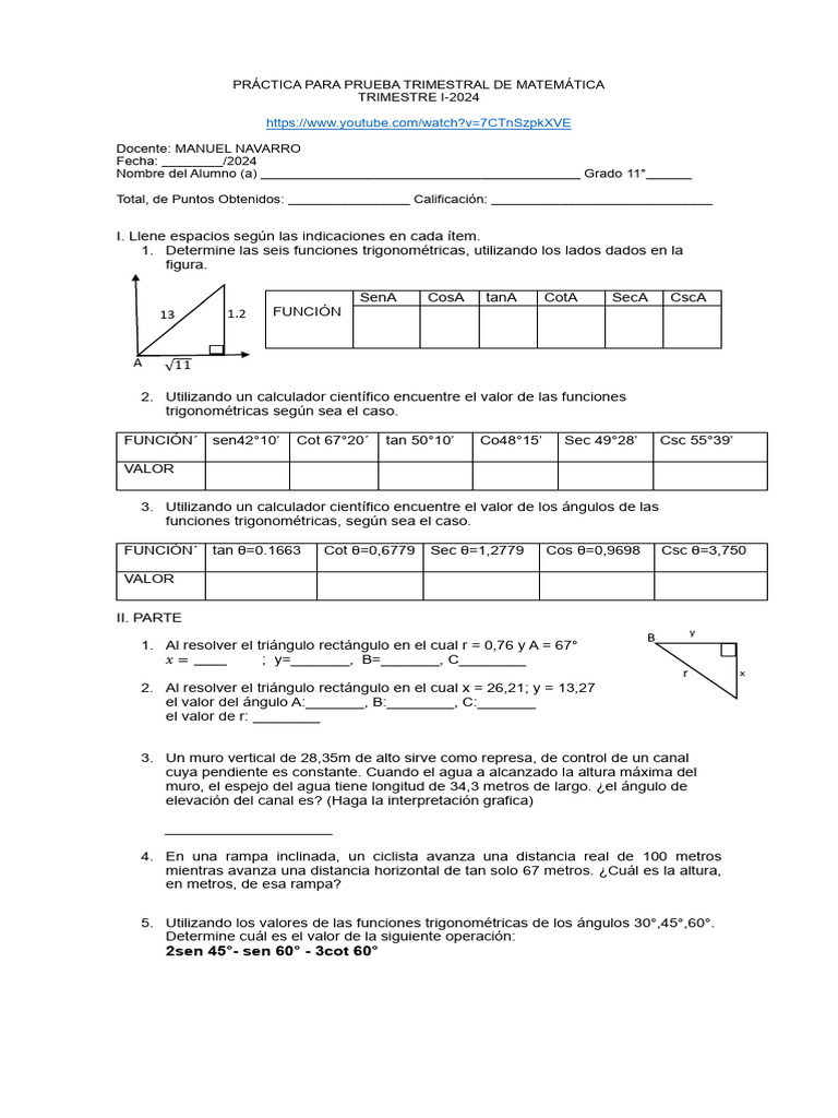 Práctica para Prueba Trimestral de Matemática | PDF | Trigonometría | Funciones trigonométricas