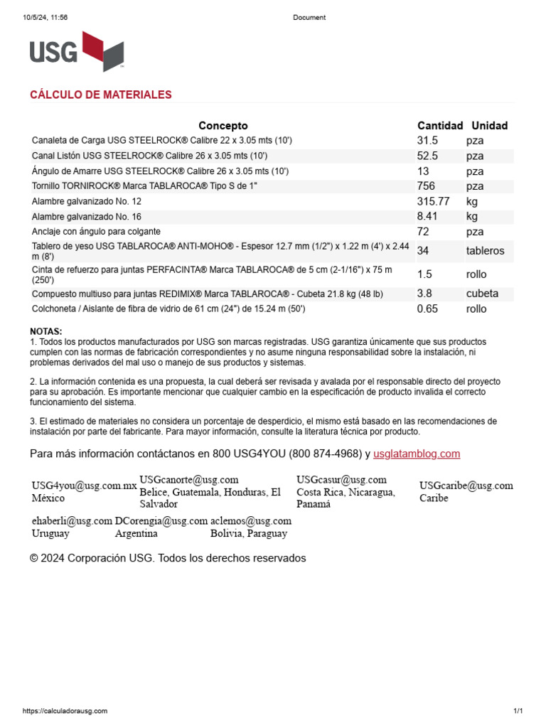 Calculadora de Materiales USG Tablaroca - Calcula Tus Materiales USG ...