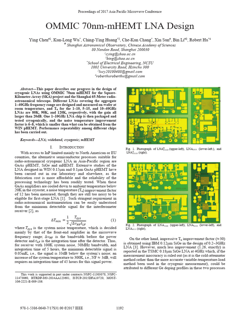 Cryogenic LNA Design for SKA Project | PDF