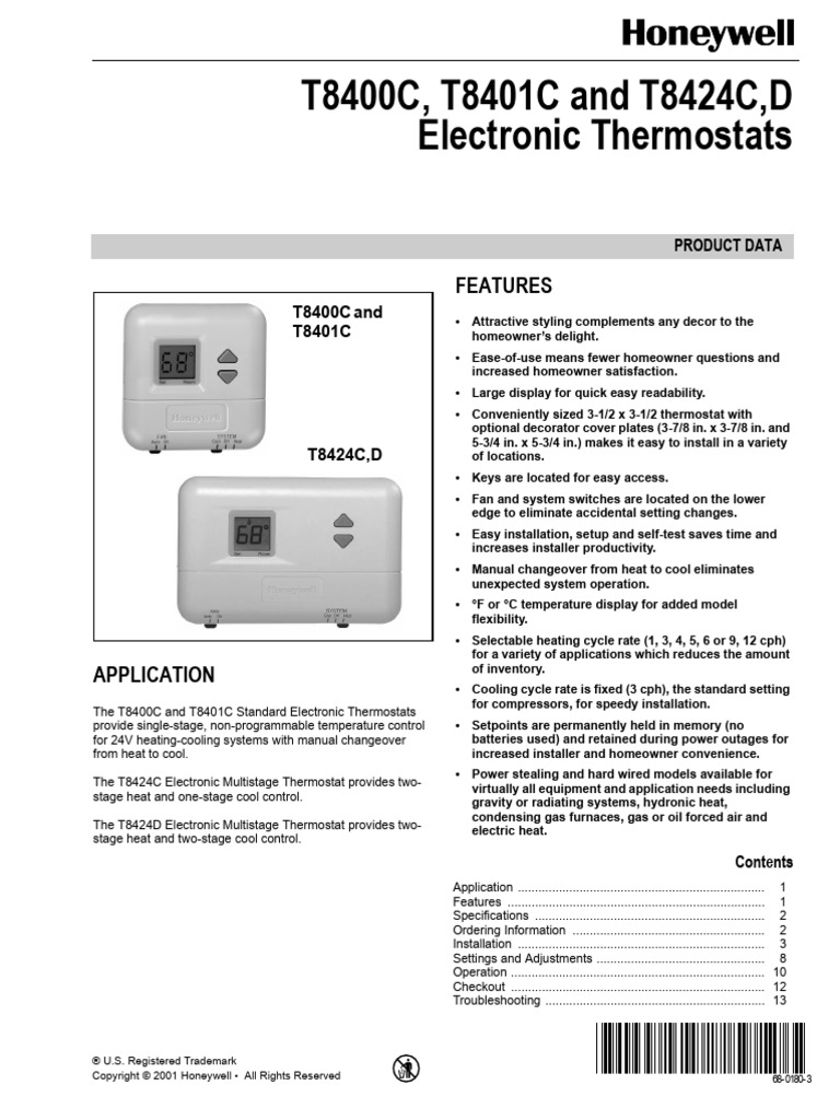 TDS HoneywellHome T8400C T8401C T8424C | PDF | Thermostat | Alternating ...