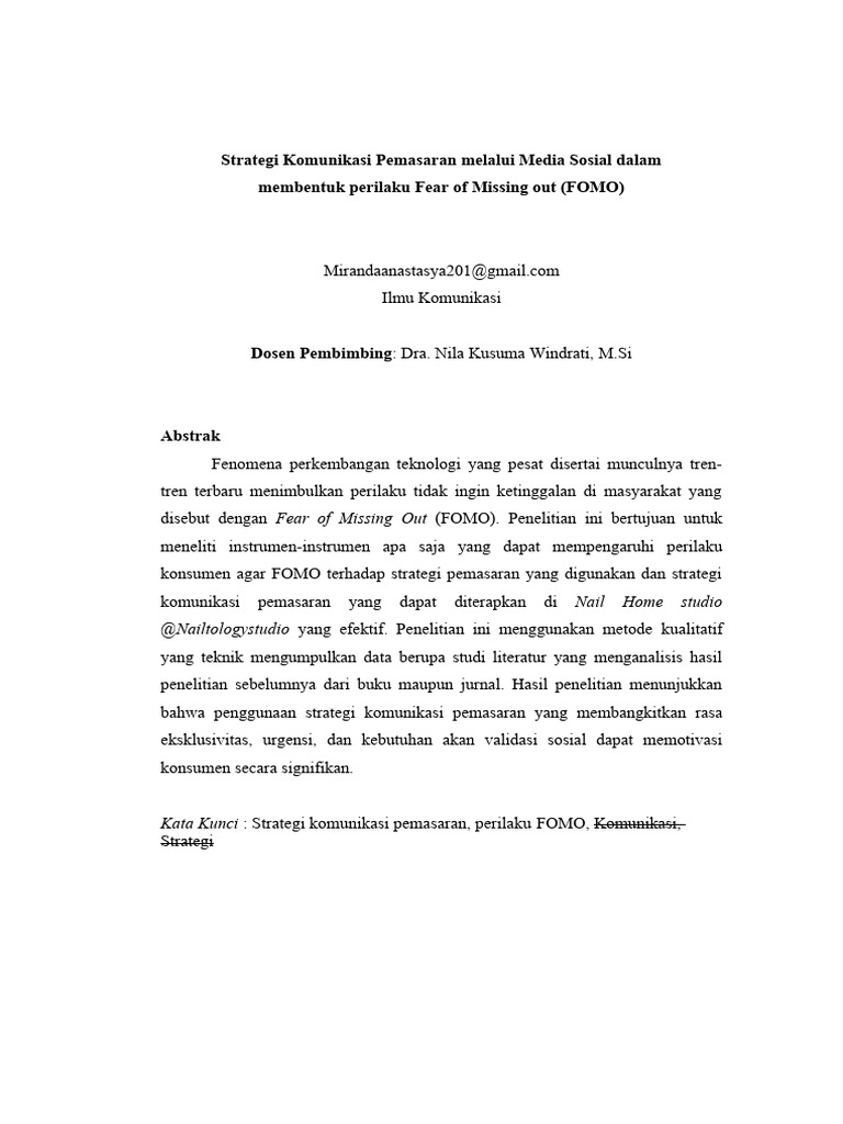 Strategi Komunikasi Pemasaran Melalui Media Sosial Dalam Membentuk Perilaku Fear of Missing Out ...