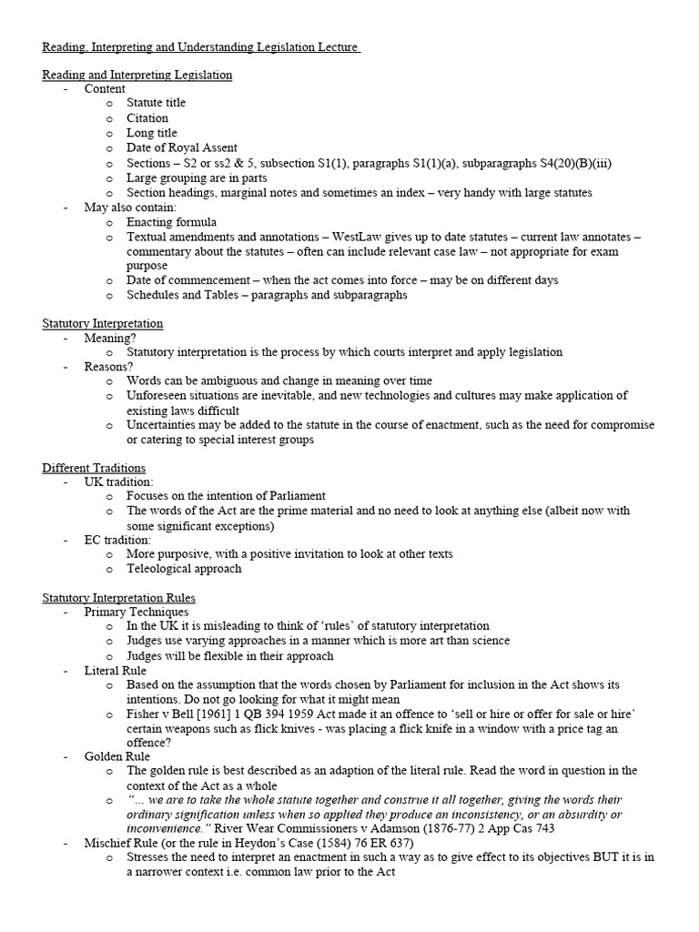 Reading, Interpreting and Understanding Legislation Lecture | PDF | Statutory Interpretation ...