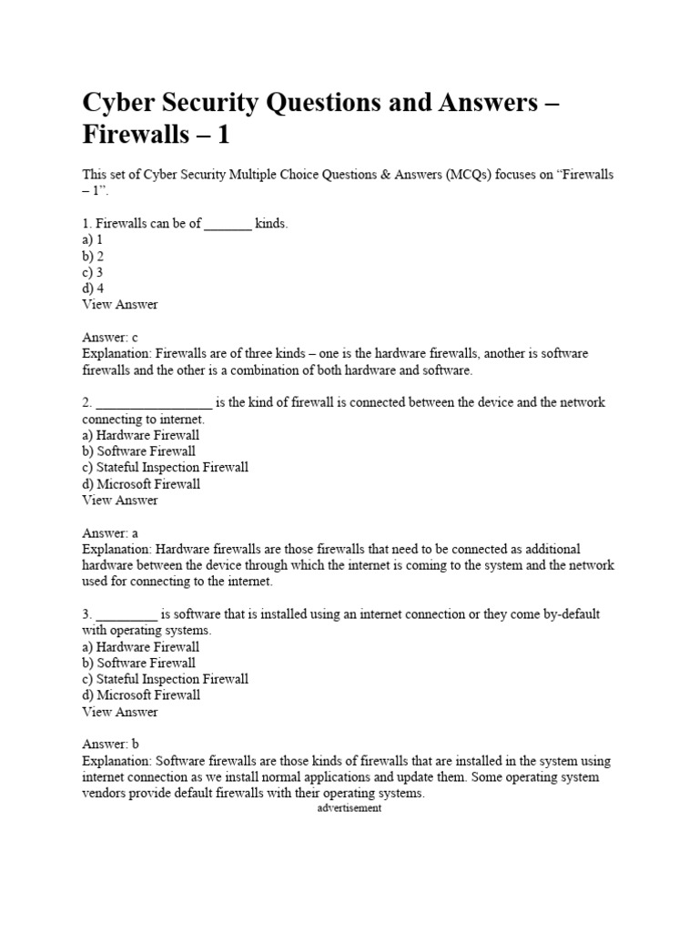 Cyber Security Questions and Answers - Firewalls - 1: Advertisement | PDF | Firewall (Computing ...