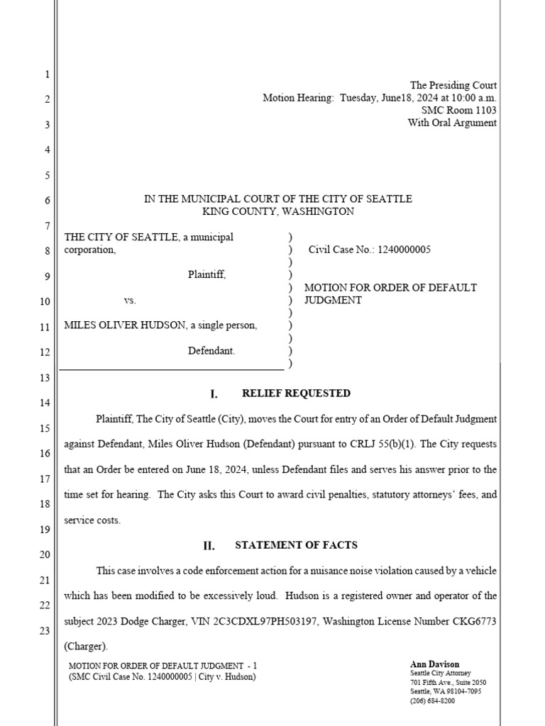 Motion For Order of Default Judgement | PDF | Default Judgment | Lawsuit