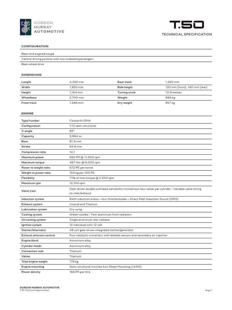 Gordon Murray T.50 Technical Specs | PDF | Manual Transmission ...