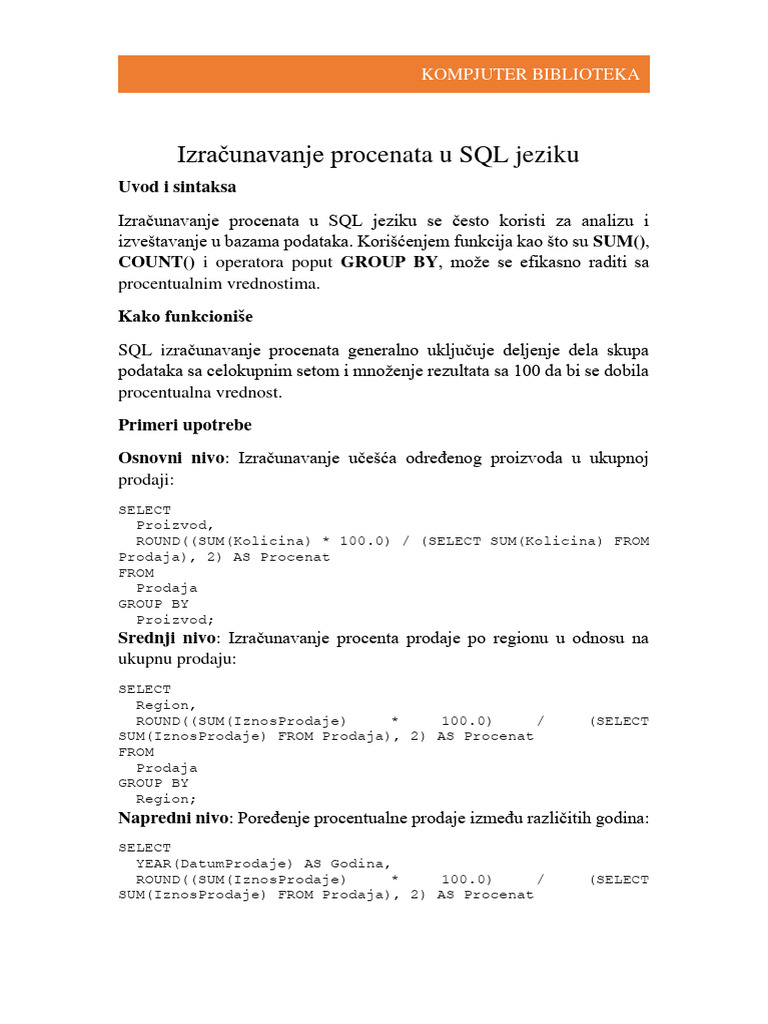 SQL I SQL GPT Izracunavanje Procenata U SQL Jeziku | PDF