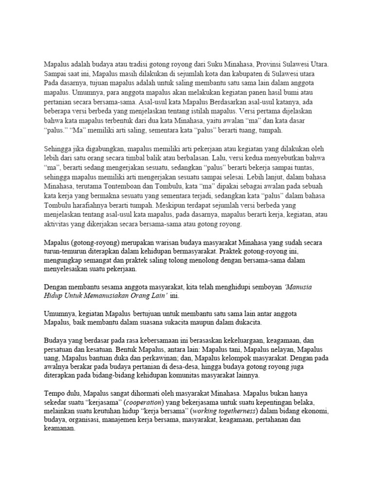 Mapalus Adalah Budaya Atau Tradisi Gotong Royong Dari Suku Minahasa | PDF