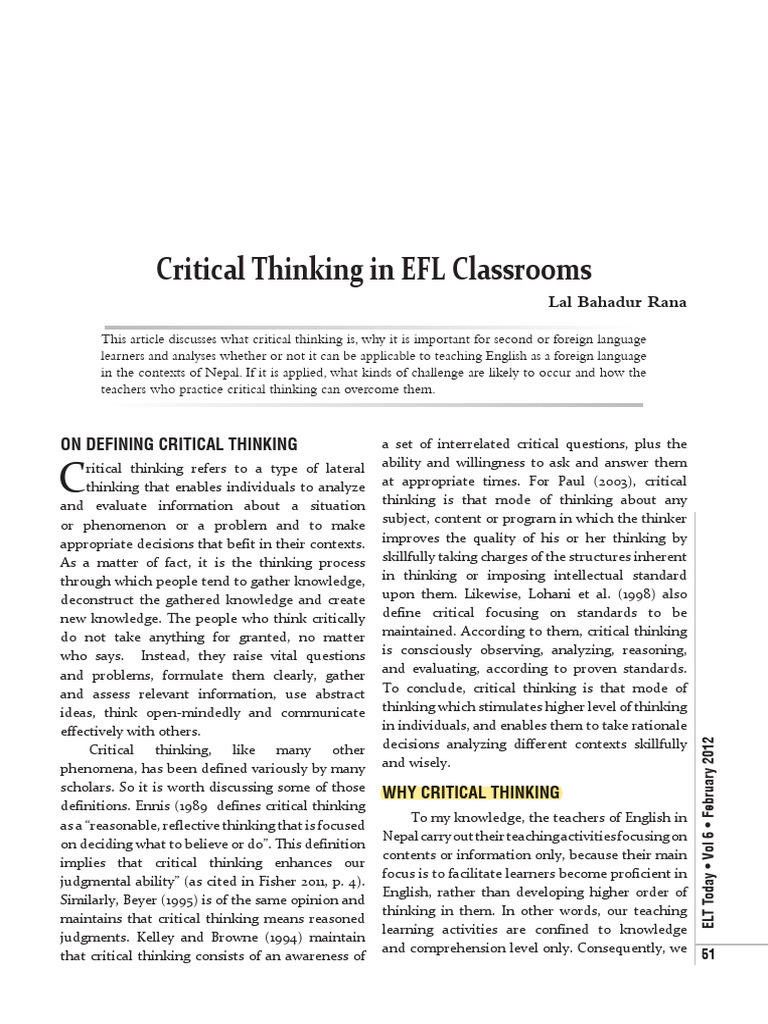 Critical Thinking in EFL Classrooms | PDF | Critical Thinking | English ...