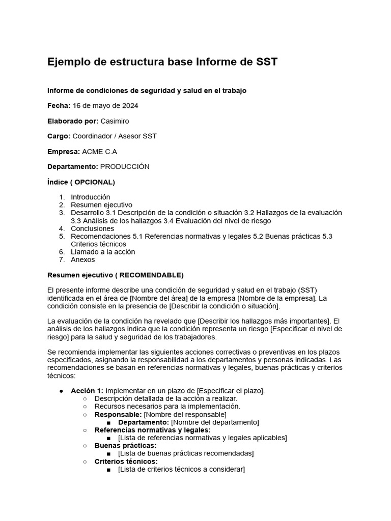 Ejemplo de Estructura Base Informe de SST | PDF | Business