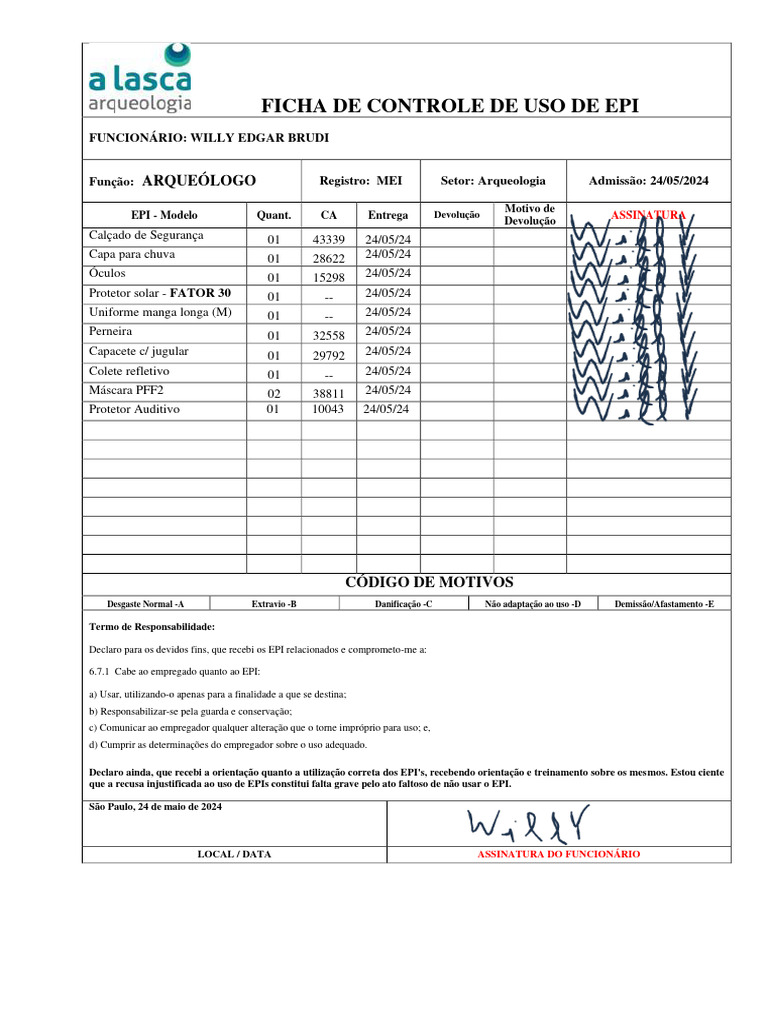 FICHA DE EPI WLLY E BRUDI (Assinado) | PDF | Segurança e saúde ocupacional