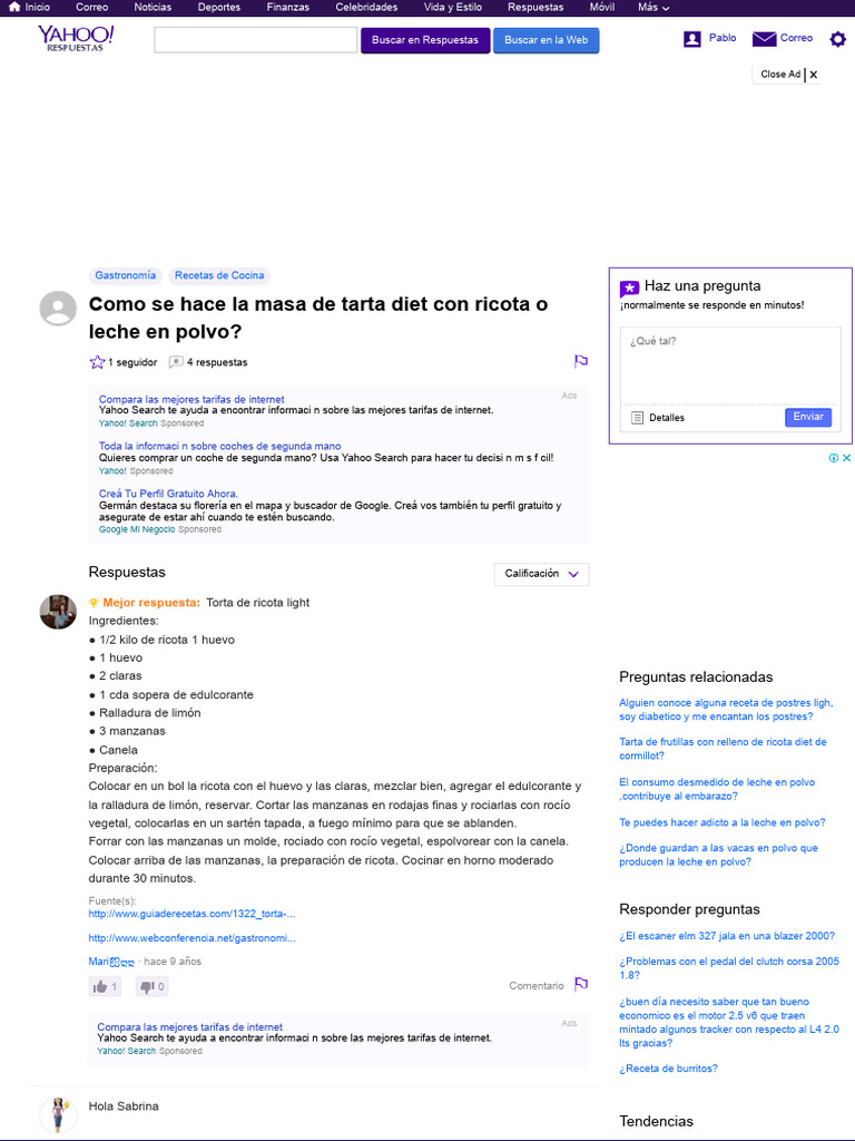 Como Se Hace La Masa de Tarta Diet Con Ricota o Leche en Polvo - Yahoo Respuestas | PDF ...