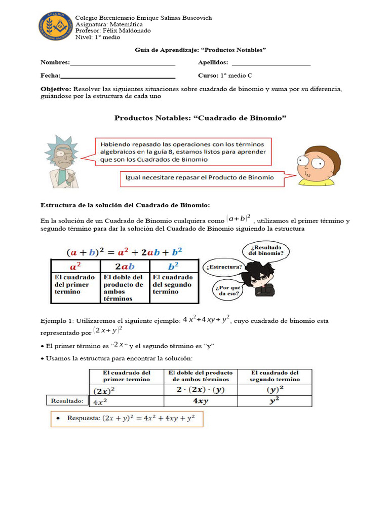 Cuadrado de Binomio y Suma Por Su Diferencia | PDF | Matemáticas