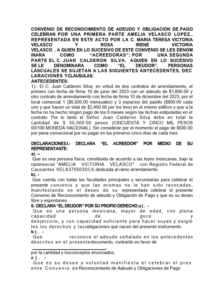 Convenio de Reconocimiento de Adeudo y Obligación de | PDF | Pagos