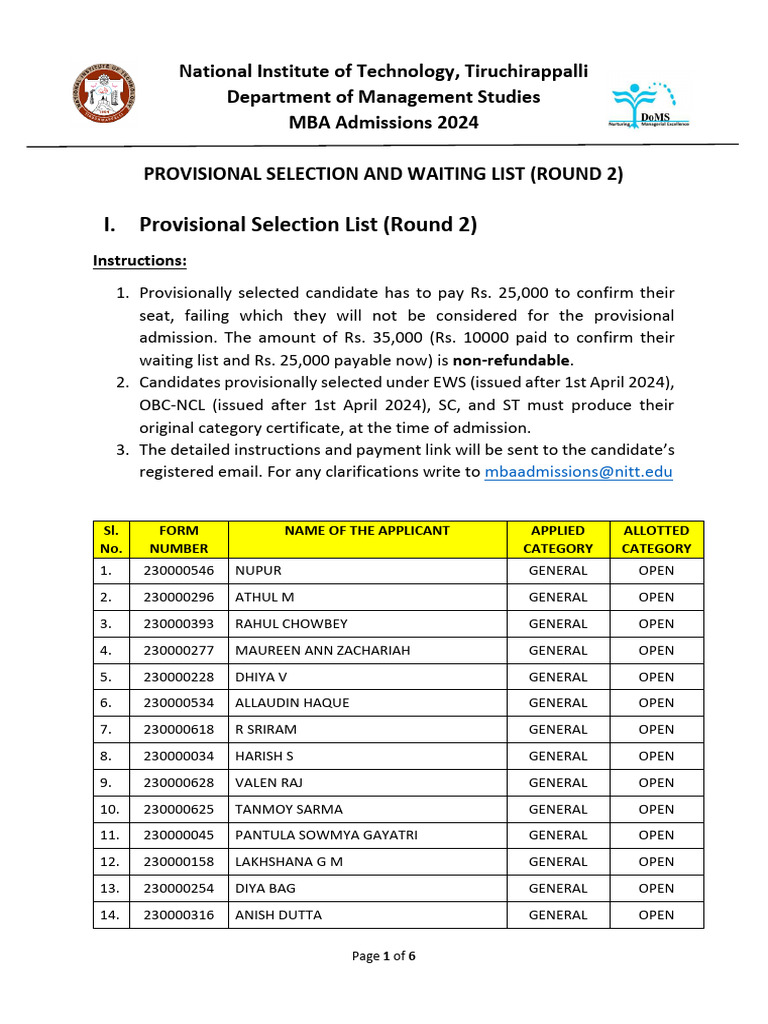MBA Admissions 2024 - Round 2 - Provisionally Selected and Waitlisted ...