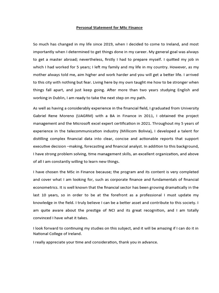 Personal Statement For MSC Finance | PDF | Career & Growth