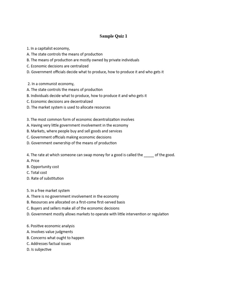 Economic Concepts Quiz Questions | PDF
