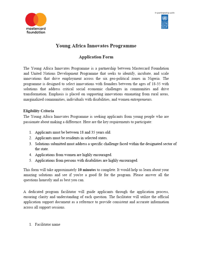 Young Africa Innovates Programme: Application Form | Download Free PDF ...