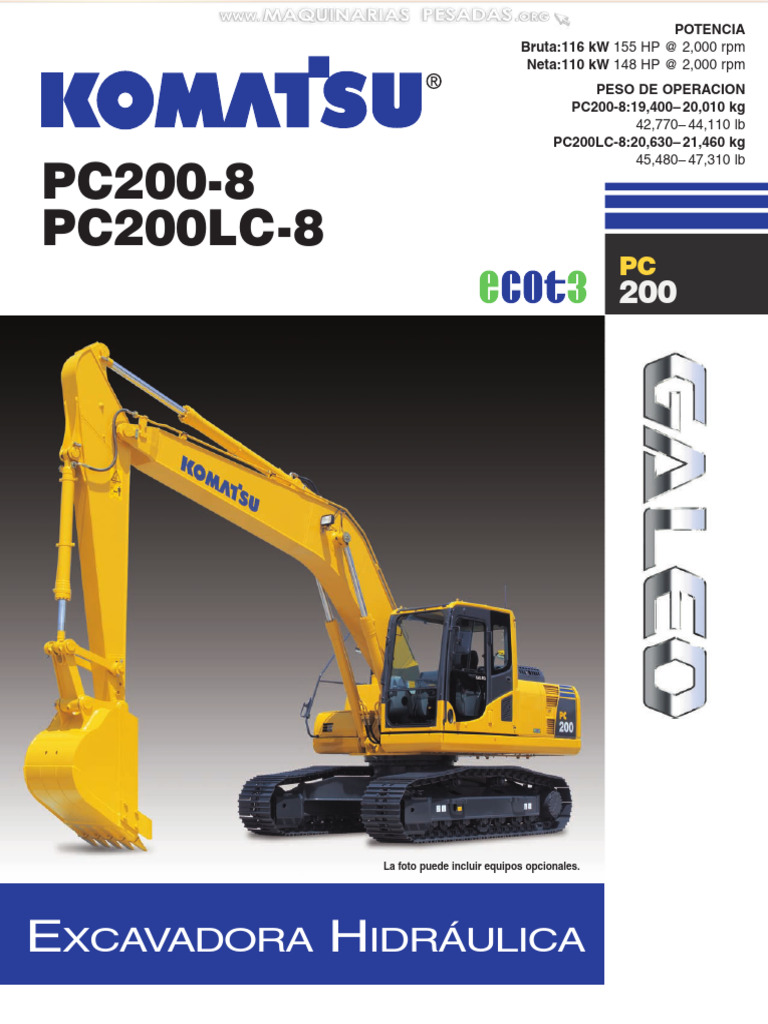 Catalogo Excavadora Hidraulica Pc200 8 Lc8 Komatsu Caracteristicas Especificaciones Rangos ...