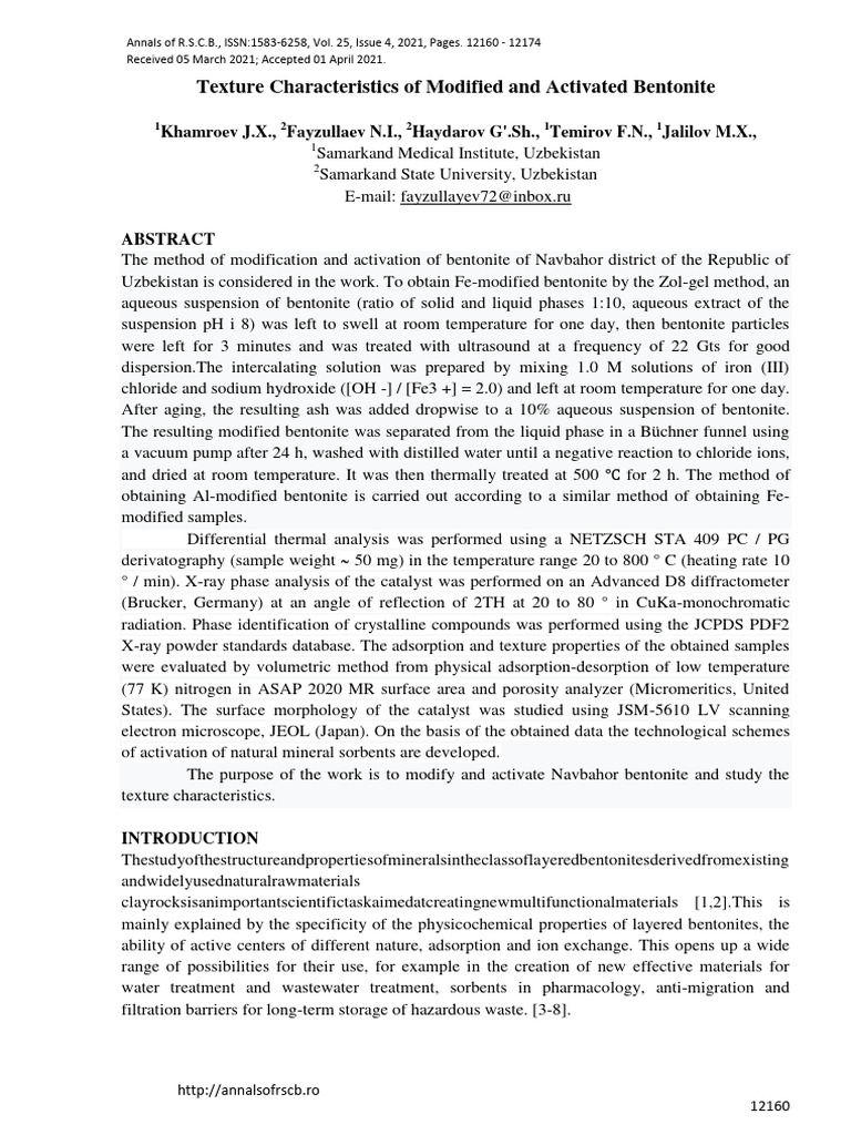 Texture Characteristics of Modified and Activated Bentonite | PDF | Hydroxide | Sodium Hydroxide