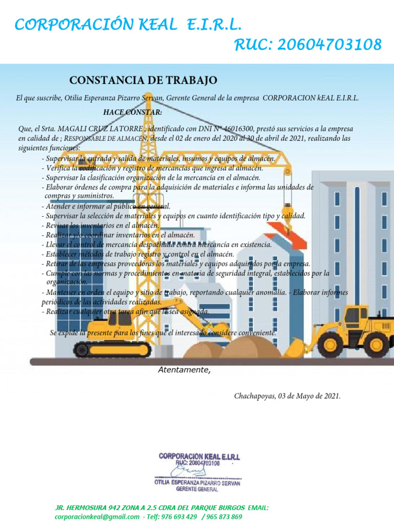 Constancia de Trabajo Srta Magaly Cruz | PDF