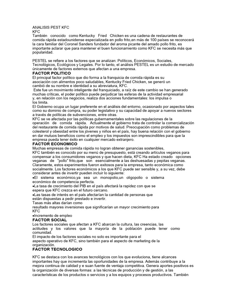 Analisis Pest KFC | PDF | Alimentos | Economias