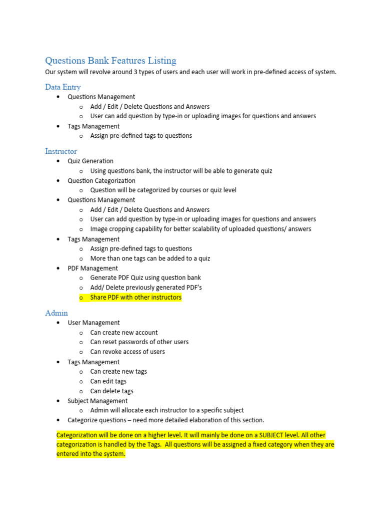 Questions Bank Features Listing | PDF | Tag (Metadata) | Software