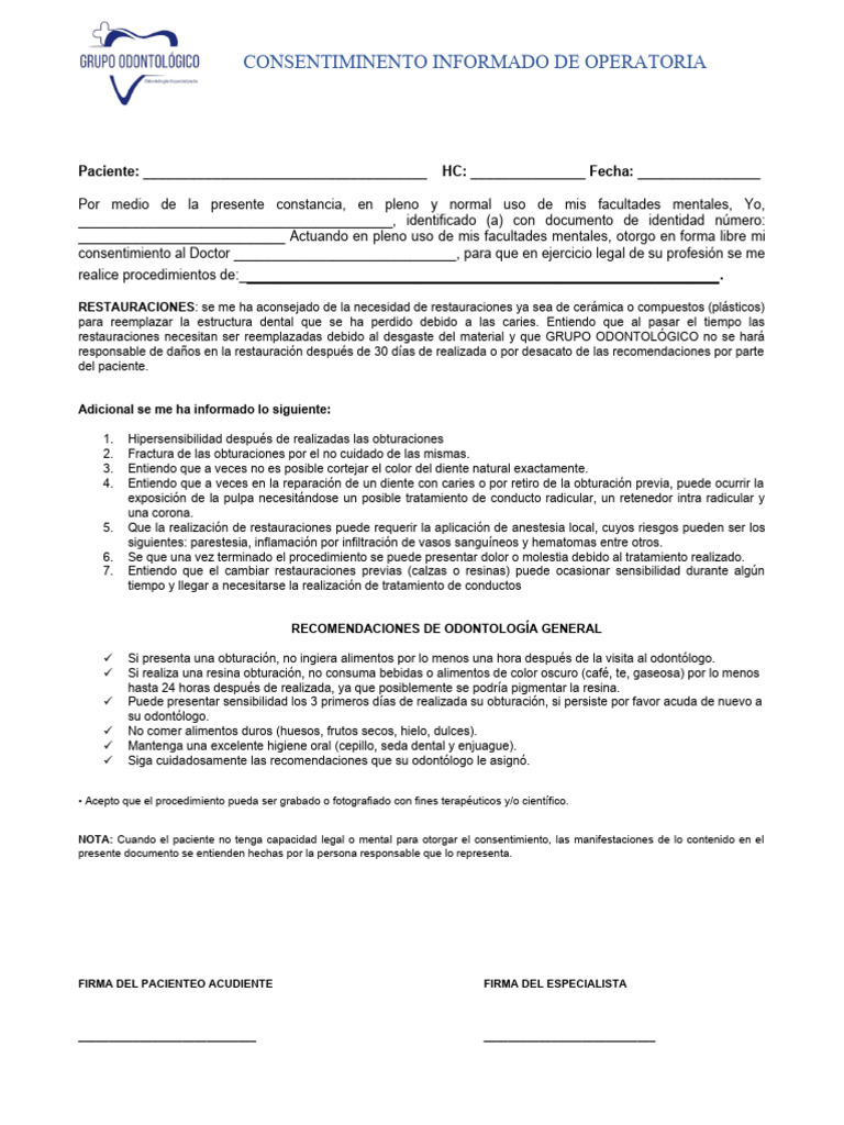 Consentimiento Operatoria | Descargar gratis PDF | Odontología ...